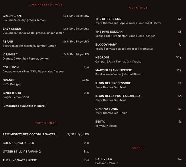Menu at The Hive of Vyner St pub & bar, London