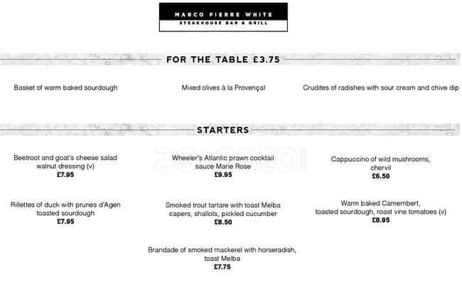 Menu at Marco Pierre White Steakhouse, London, Park Road