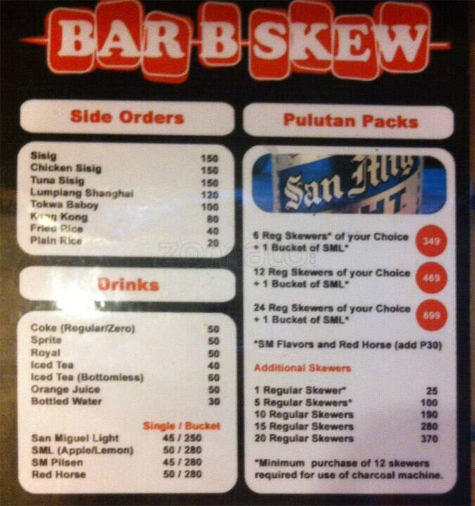 Menu at Bar B Skew, Quezon City