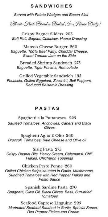 Menu at Mateo’s cafe, Quezon City