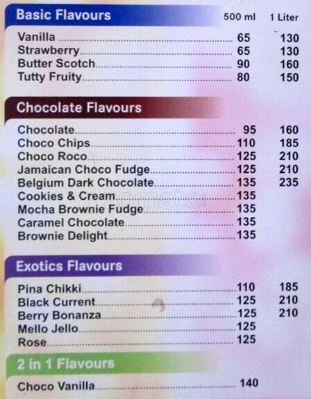 Menu at Afrah Ice Den, Hyderabad