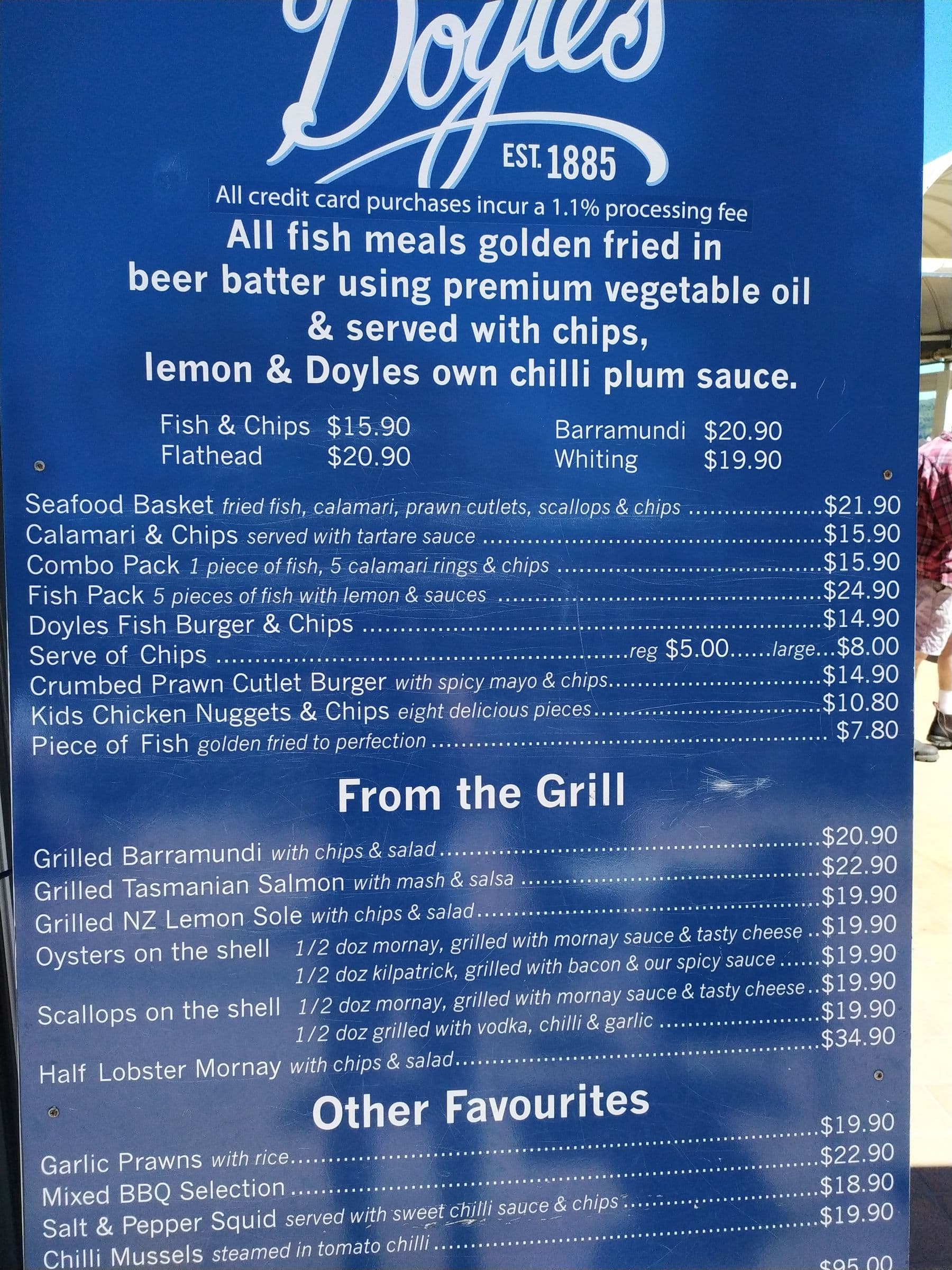 Menu at Doyles on the Wharf Take Away restaurant, Watsons Bay