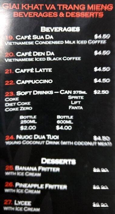 Menu at Taste of Pho restaurant, Bentleigh