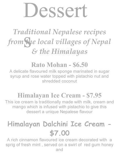 Menu at Taste of the Himalayas restaurant, Brighton