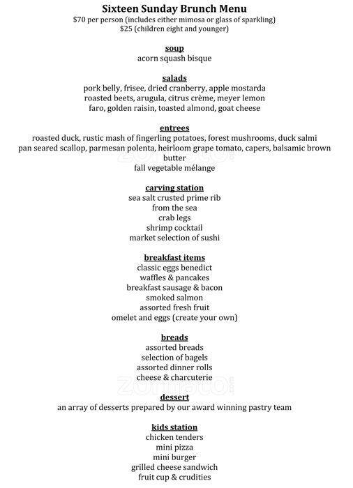 Menu at Sixteen restaurant, Chicago