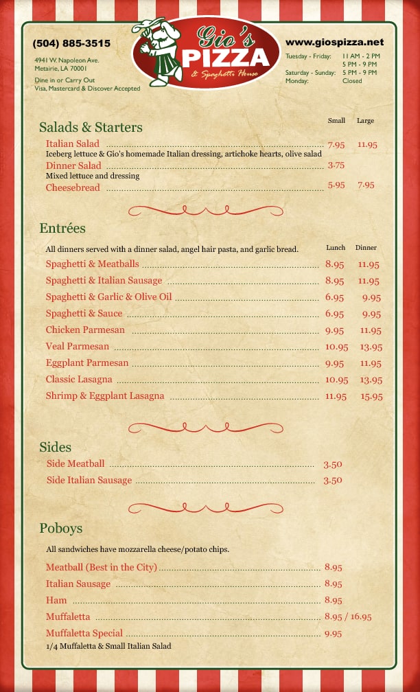 Menu at Gio's Pizza & Spaghetti House pizzeria, Metairie