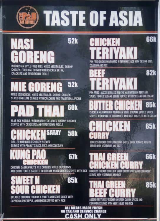 Menu at The Pad Bar and Grill, Kuta