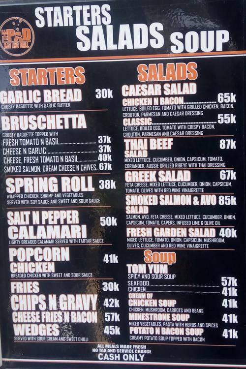 Menu at The Pad Bar and Grill, Kuta