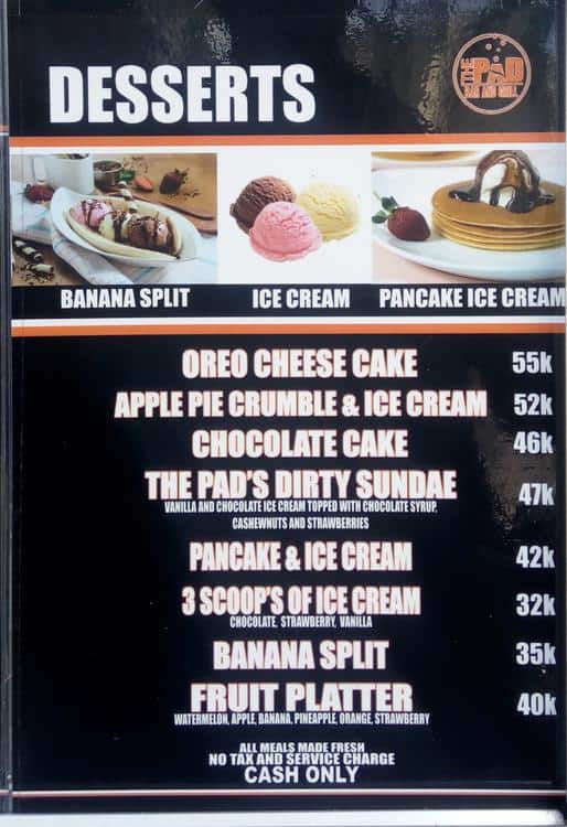 Menu at The Pad Bar and Grill, Kuta