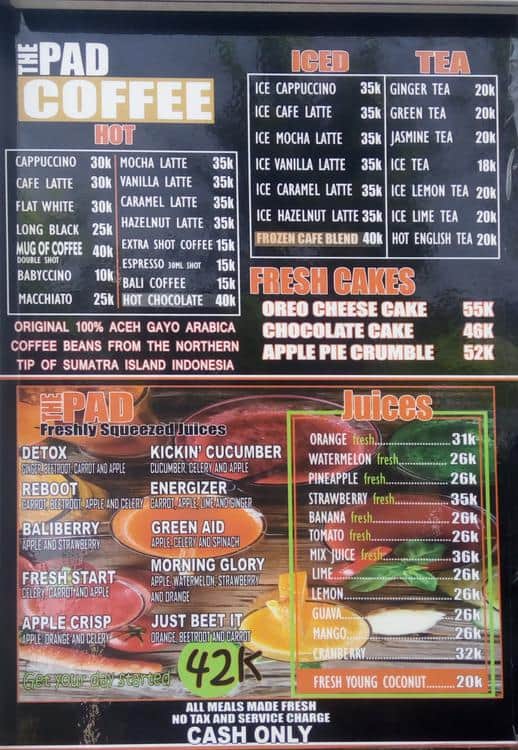 Menu at The Pad Bar and Grill, Kuta