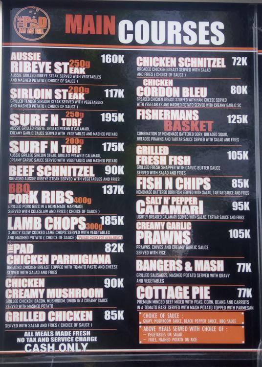 Menu at The Pad Bar and Grill, Kuta