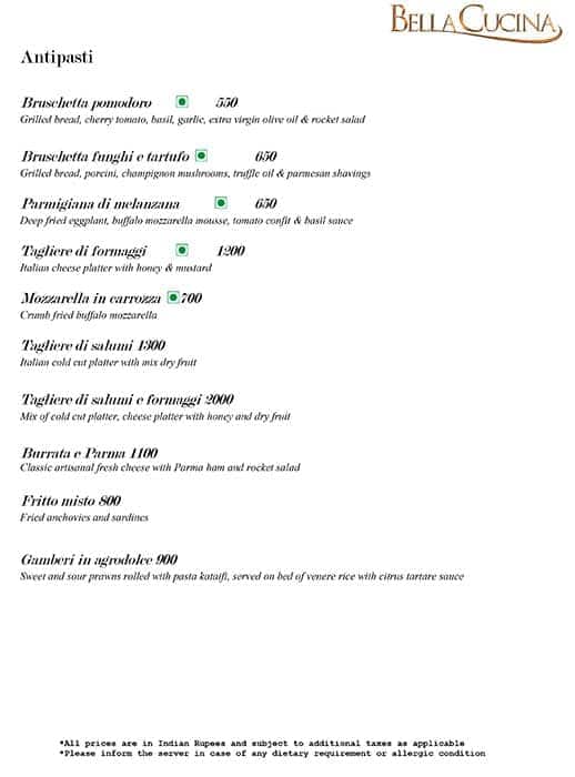 Menu of Bella Cucina - Le Meridien Gurgaon, MG Road, Gurgaon