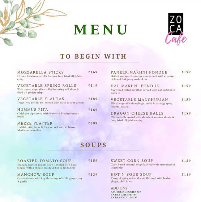 Menu of Zoca Cafe, Kurukshetra Locality, Kurukshetra