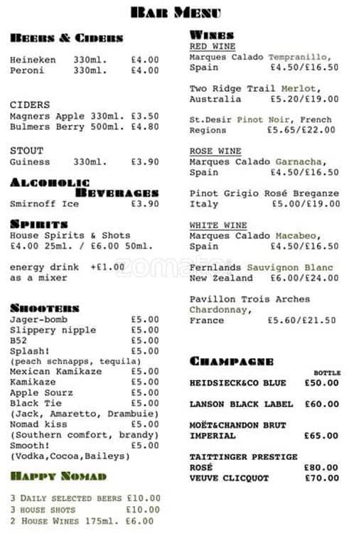 Menu at Nomad Club London, London, 58 Old St