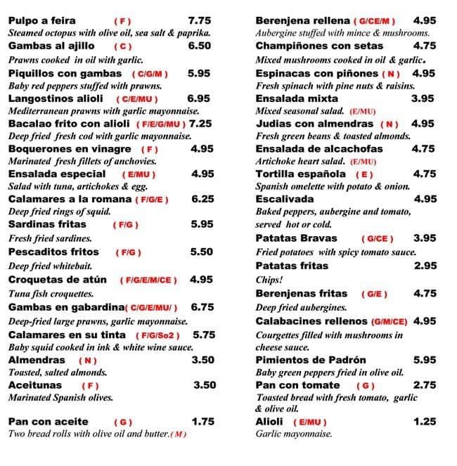 Meson Don Felipe menu, Menu restauracji Meson Don Felipe, Waterloo ...