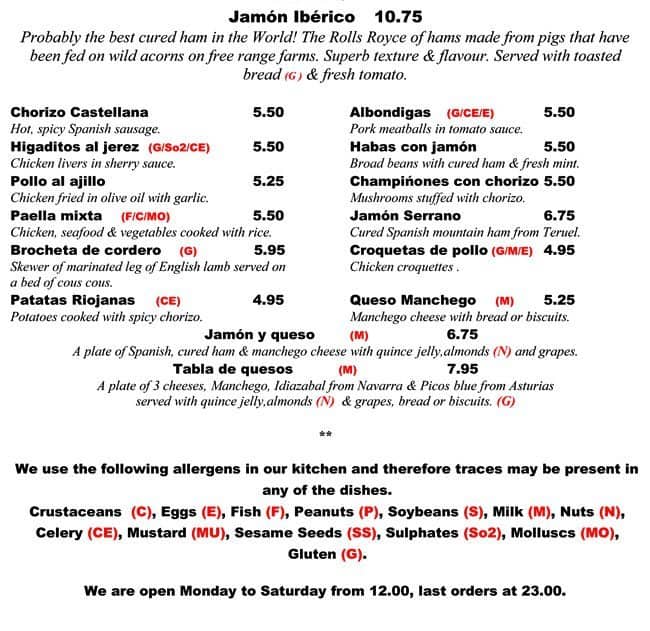 Menu at Meson Don Felipe pub & bar, London