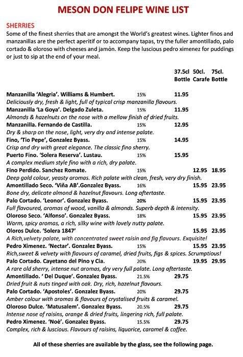 Menu at Meson Don Felipe pub & bar, London