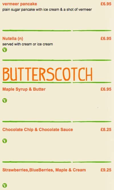 Menu at My Old Dutch desserts, London, 221 Kings Road