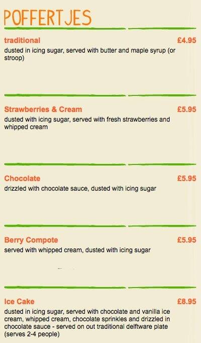 Menu at My Old Dutch desserts, London, 221 Kings Road