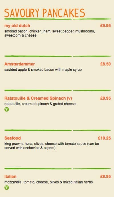 Menu at My Old Dutch desserts, London, 221 Kings Road