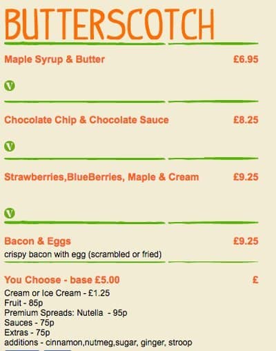 Menu at My Old Dutch desserts, London, 221 Kings Road