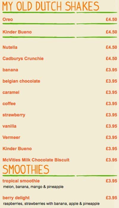 Menu at My Old Dutch desserts, London, 221 Kings Road