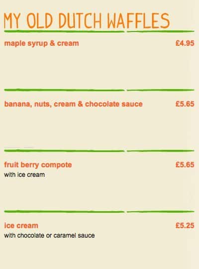 Menu at My Old Dutch desserts, London, 221 Kings Road