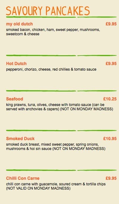 Menu at My Old Dutch desserts, London, 221 Kings Road