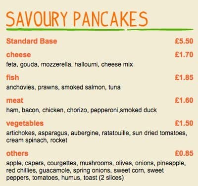 Menu at My Old Dutch desserts, London, 221 Kings Road