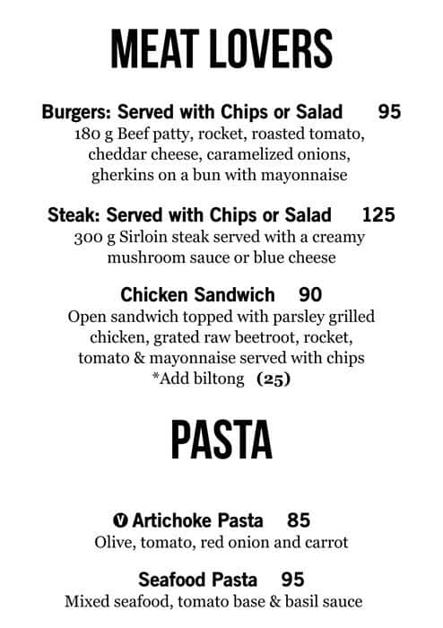 Menu at Milkwood restaurant, Onrus