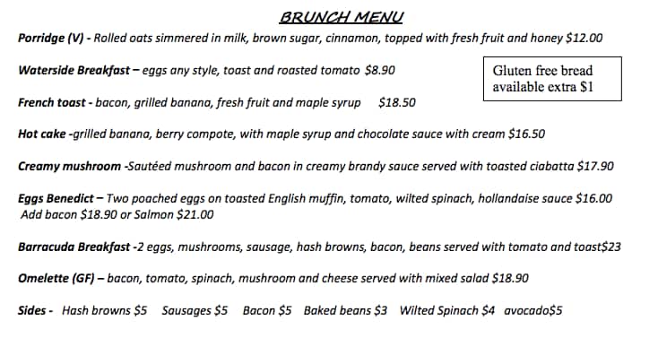 Menu at The Barracuda Restaurant and Bar, Auckland