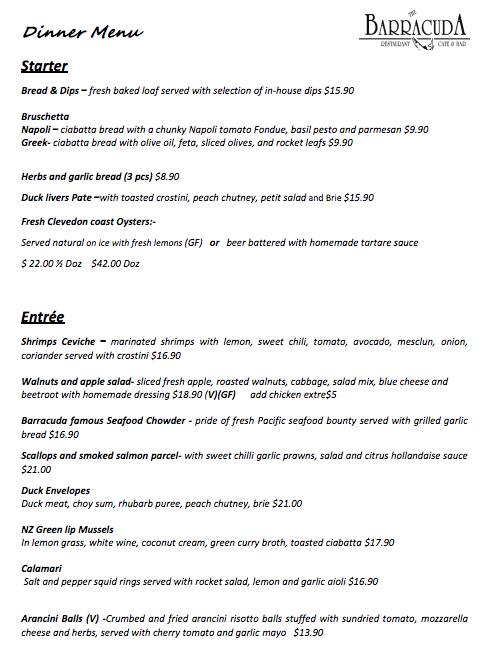 Menu at The Barracuda Restaurant and Bar, Auckland