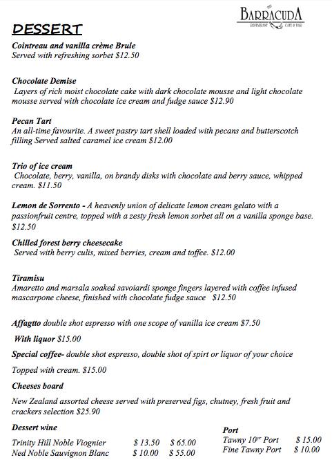 Menu at The Barracuda Restaurant and Bar, Auckland
