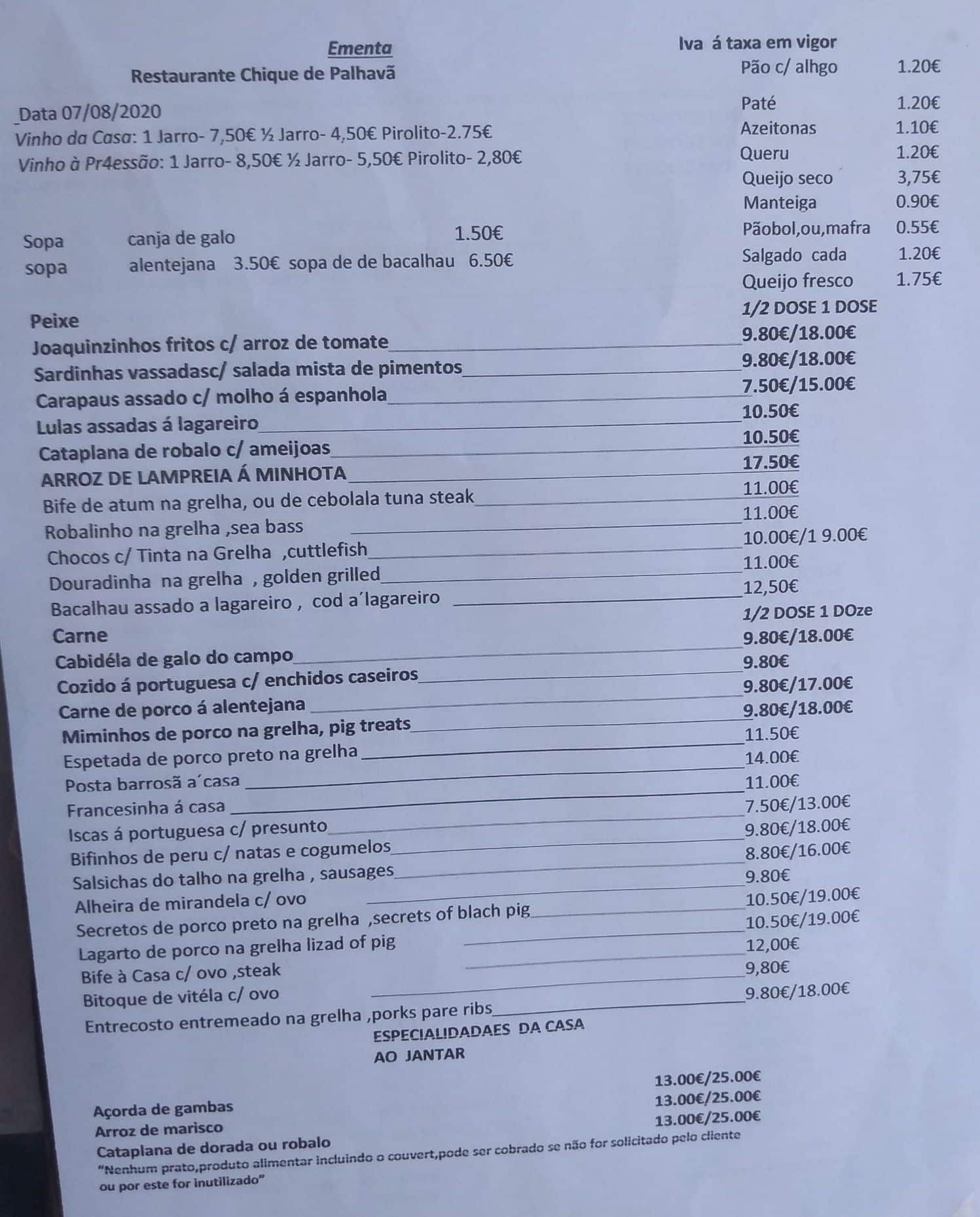 Menu em Chique Da Palhavã restaurante, Lisboa