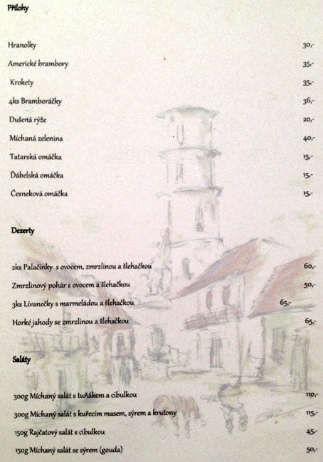Menu at Restaurace Galerie Kollmanka restaurant, Prague