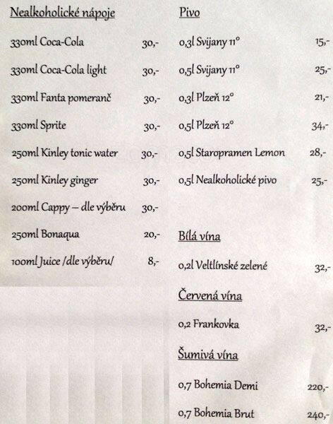 Menu at Restaurace Galerie Kollmanka restaurant, Prague