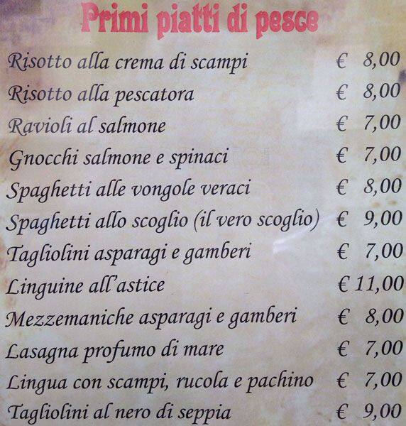 Menu at il pescatore restaurant, Rome, Via Bellegra 42