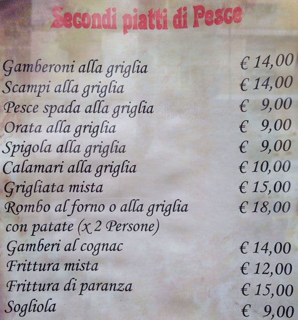 Menu at il pescatore restaurant, Rome, Via Bellegra 42