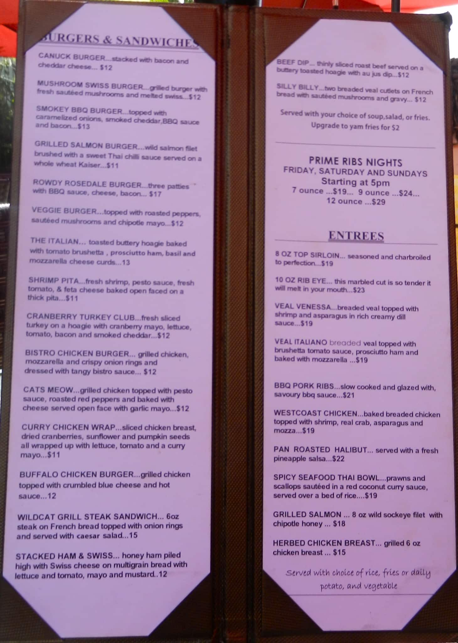 Menu at Wildcat Grill steakhouse, Chilliwack, Yale Rd