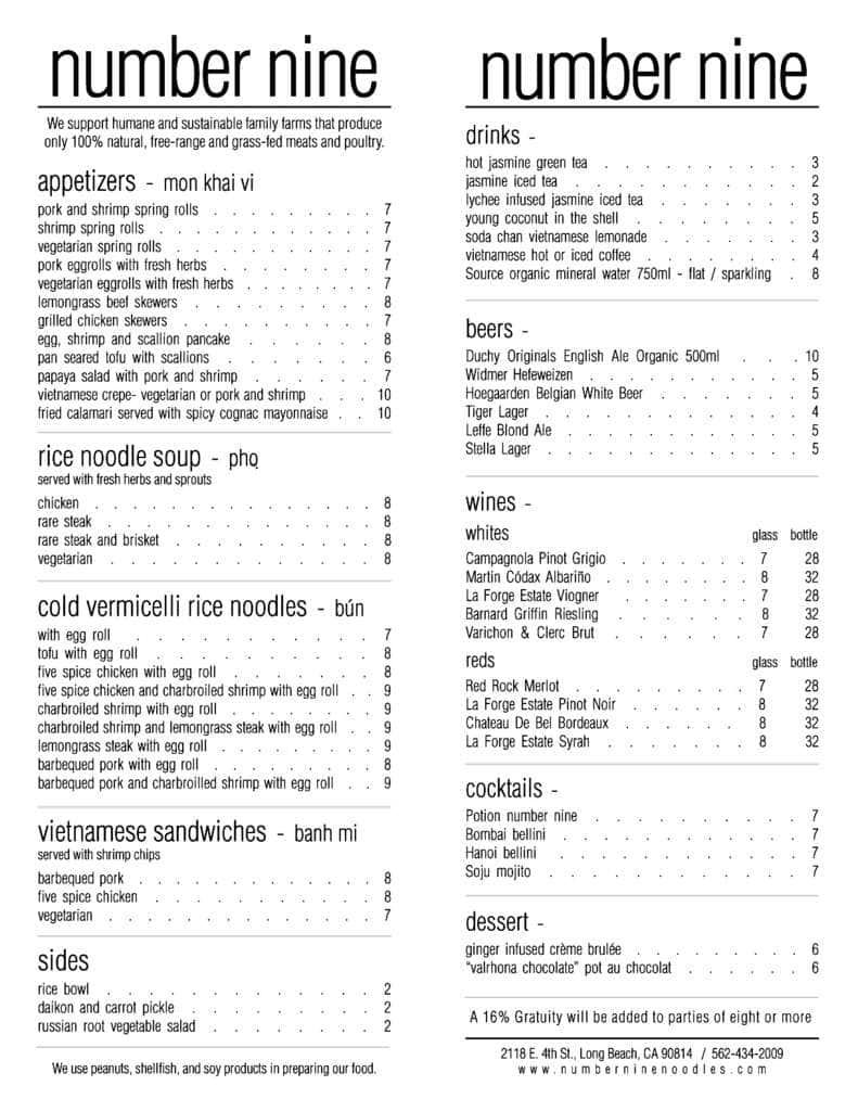 Menu at Number Nine pub & bar, Long Beach