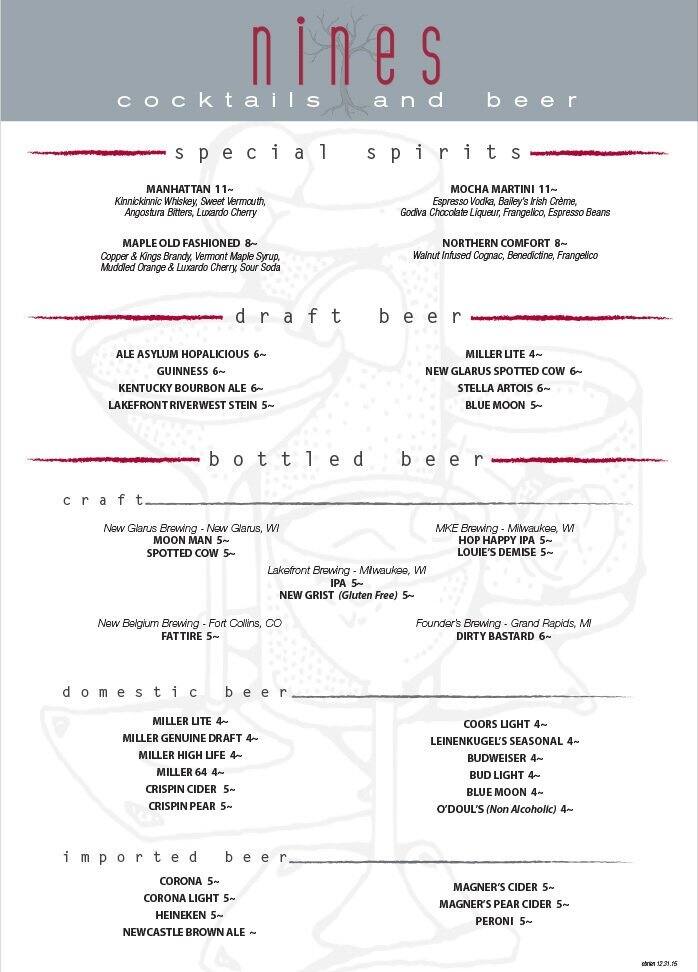 Menu at nines AMERICAN BISTRO pub & bar, Mequon