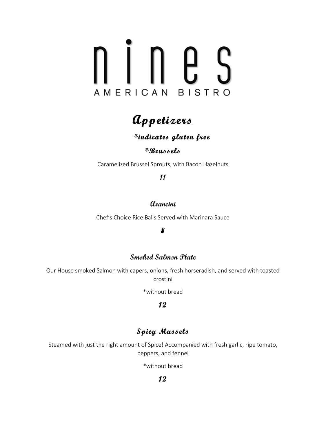 Menu at nines AMERICAN BISTRO pub & bar, Mequon