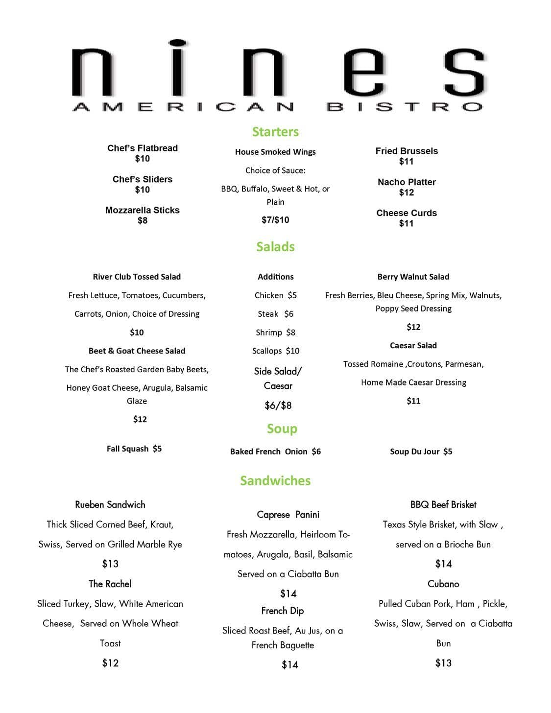 Menu at nines AMERICAN BISTRO pub & bar, Mequon