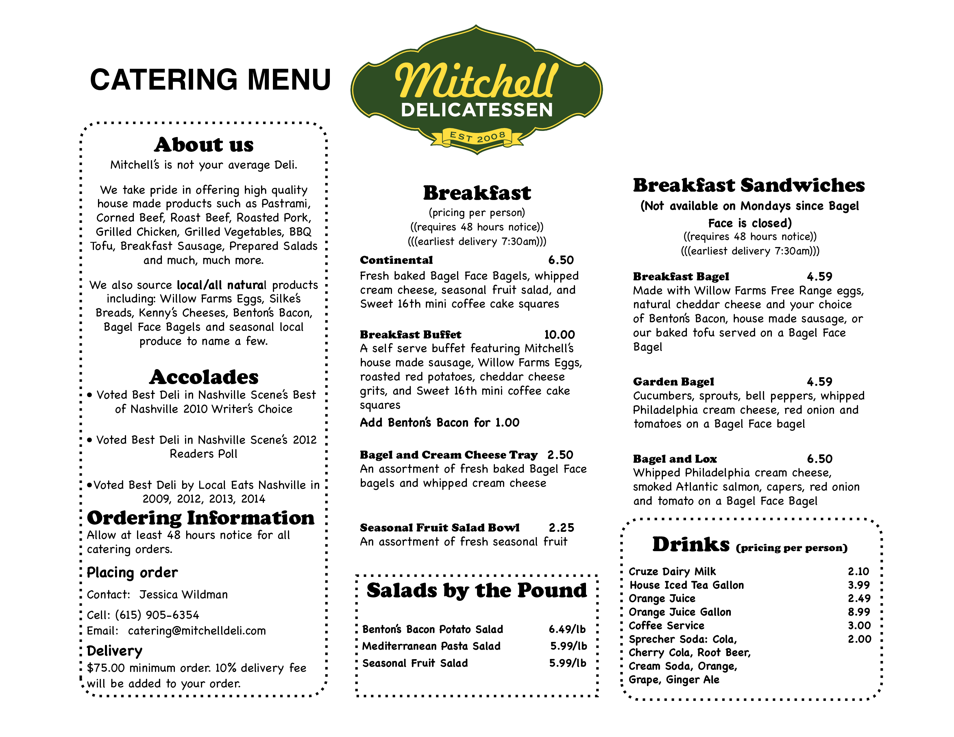 Menu at Mitchell Delicatessen restaurant, Nashville
