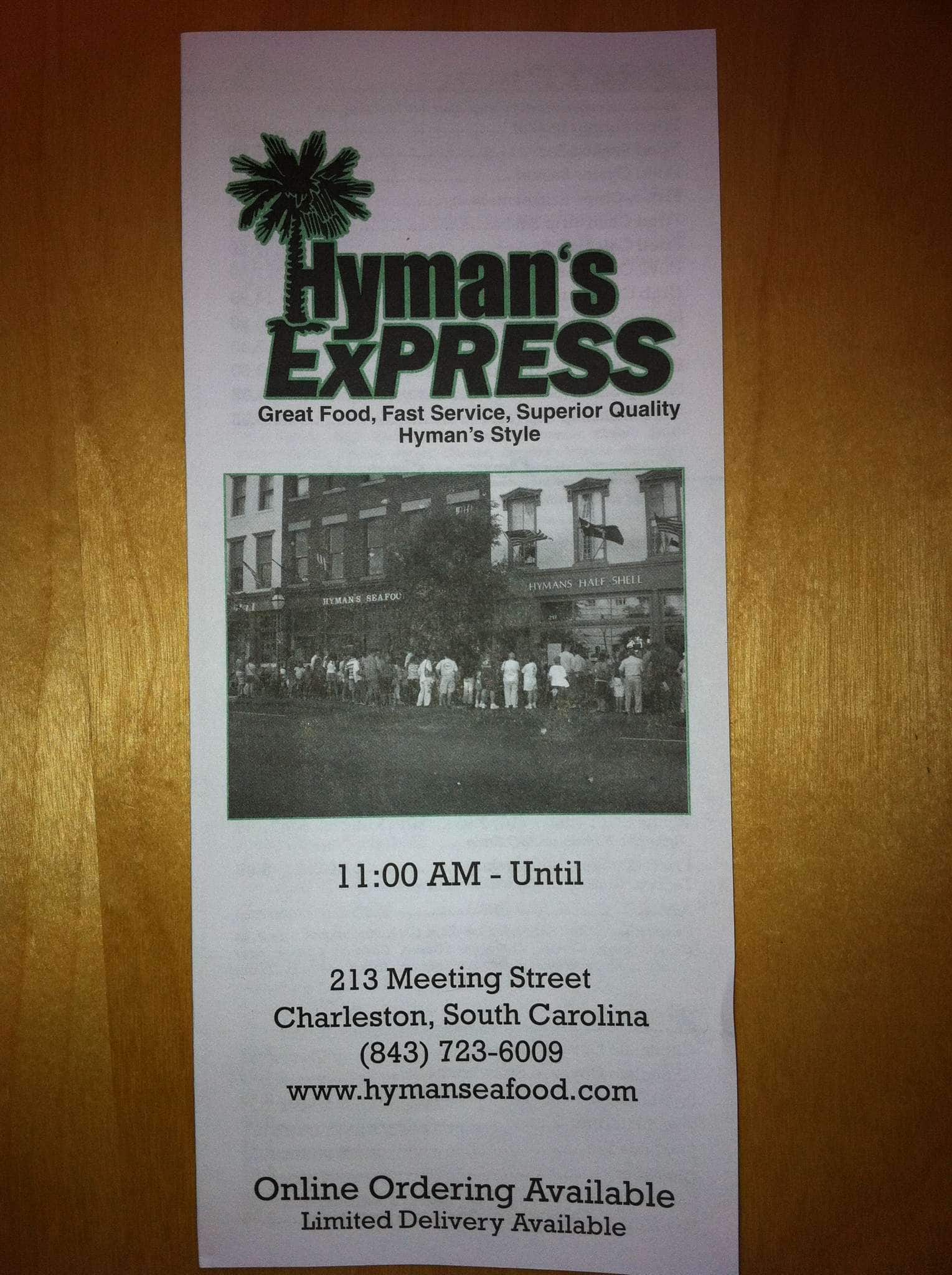 Menu at Hyman’s Seafood restaurant, Charleston