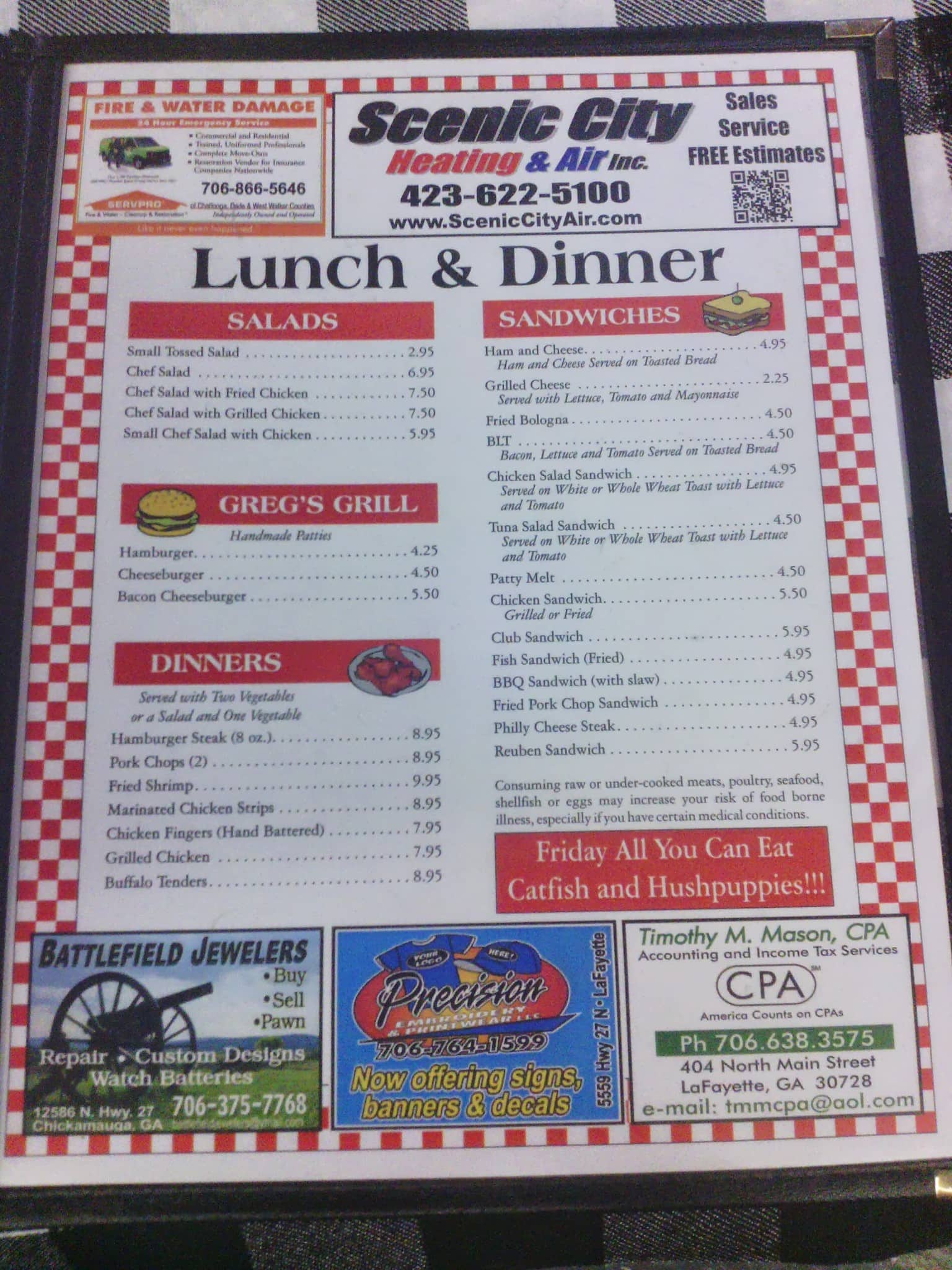 Menu at Greg's Restaurant, Chickamauga