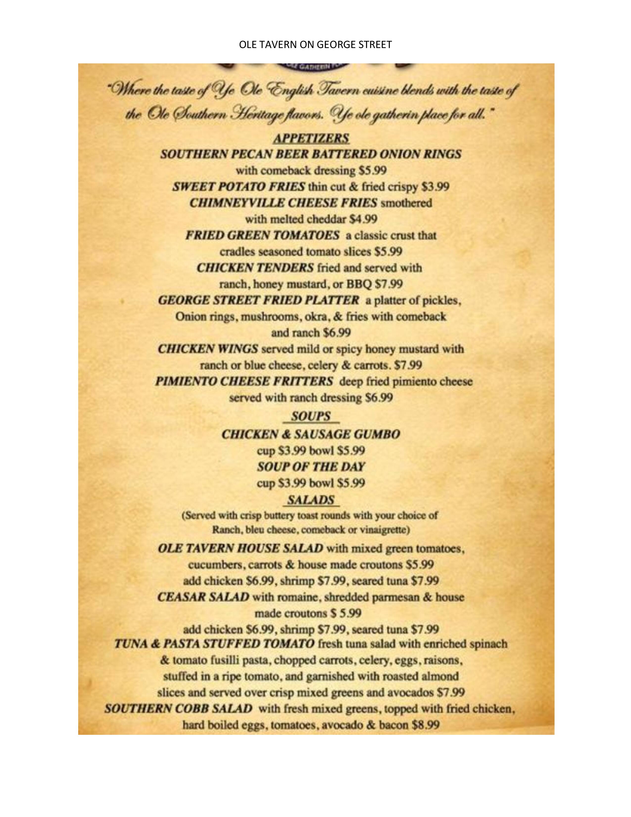 Menu at Ole Tavern on George Street pub & bar, Jackson