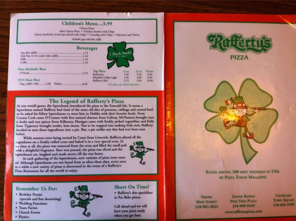 Menu at Raffertys Pizza pizzeria, Baxter, Westgate Mall