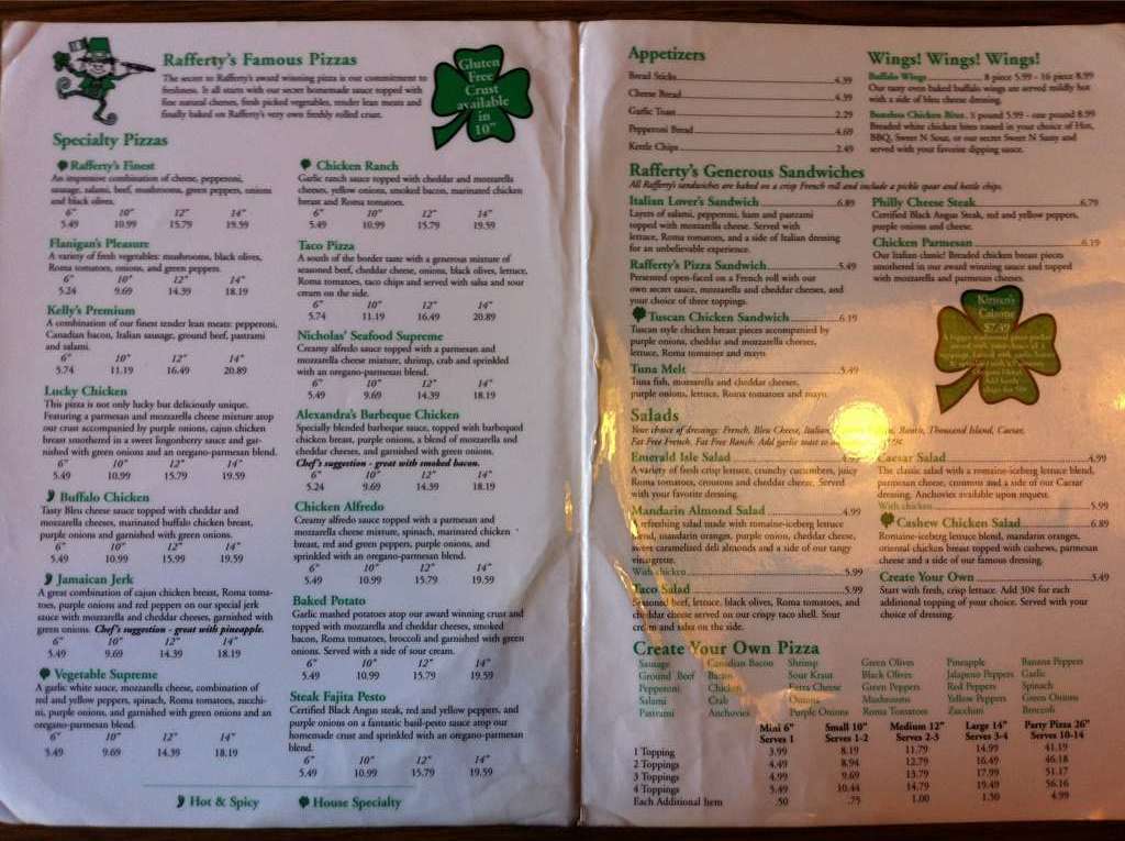 Menu at Raffertys Pizza pizzeria, Baxter, Westgate Mall