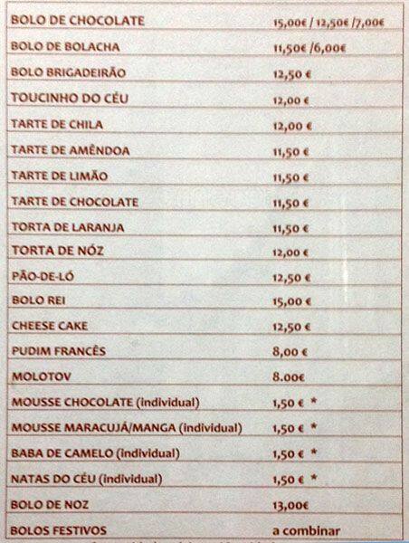 Menu em Cozinha Doce café, Porto